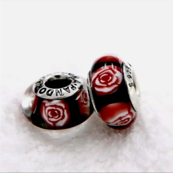 Pandora | Jewelry | Pandora Pair Of Red Rose Murano Glass Beads | Poshmark